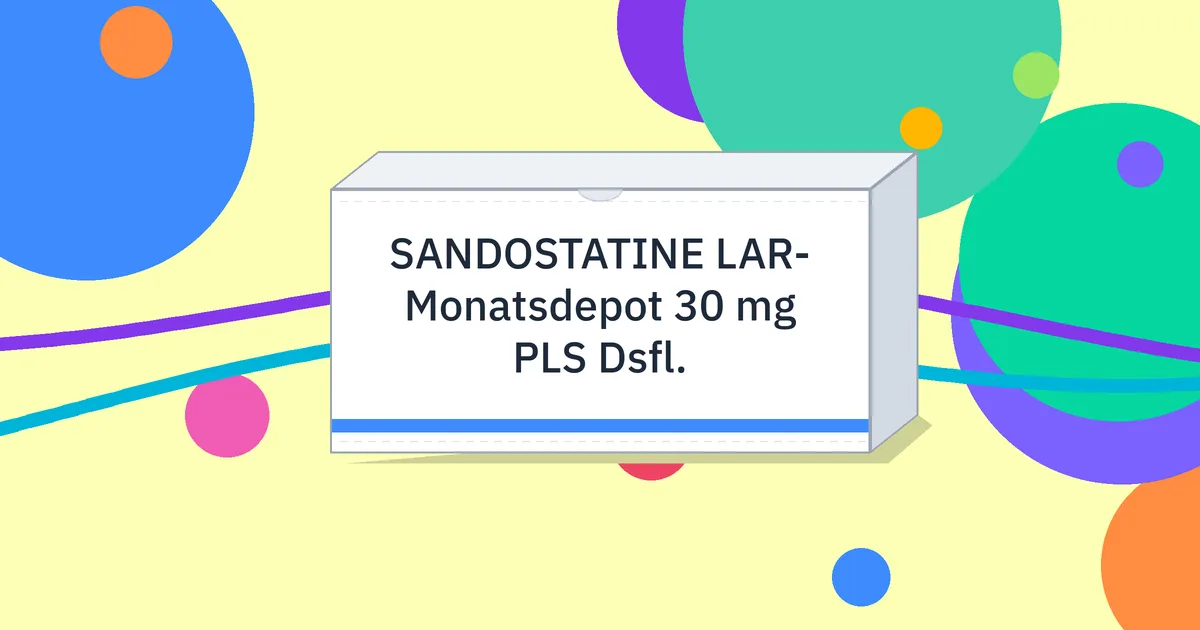 Symbolbild: Packung mit der Aufschrift SANDOSTATINE LAR-Monatsdepot 30 mg PLS Dsfl. (PZN 19340158) – Verfügbarkeit und Bezug in Apotheken in Frankfurt am Main