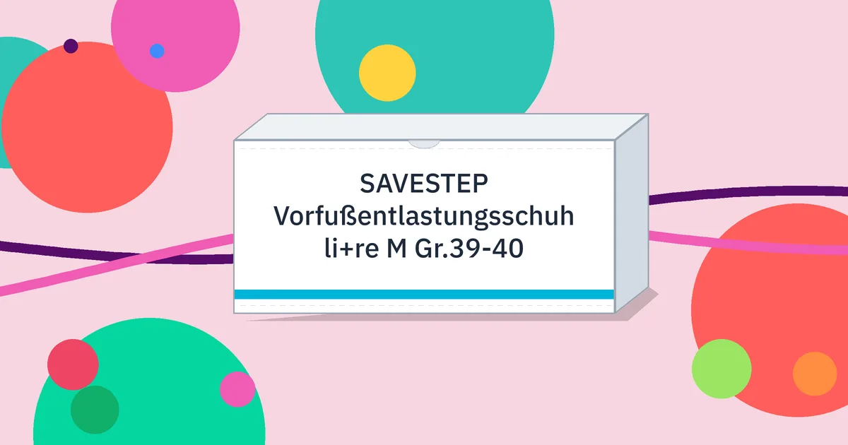 Symbolbild: Packung mit der Aufschrift SAVESTEP Vorfußentlastungsschuh li+re M Gr.39-40 (PZN 17197314) – Verfügbarkeit und Bezug in Apotheken in Frankfurt am Main