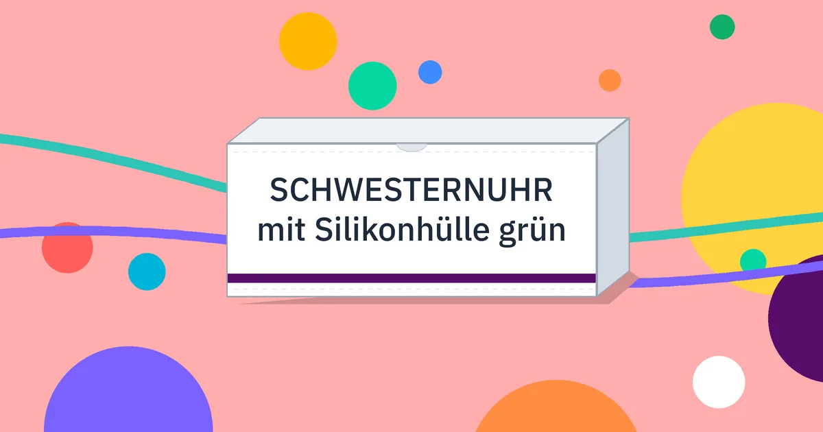 Symbolbild: Packung mit der Aufschrift SCHWESTERNUHR mit Silikonhülle grün (PZN 10553958) – Verfügbarkeit und Bezug in Apotheken in Frankfurt am Main