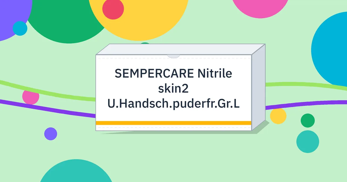 Symbolbild: Packung mit der Aufschrift SEMPERCARE Nitrile skin2 U.Handsch.puderfr.Gr.L (PZN 07418613) – Verfügbarkeit und Bezug in Apotheken in Frankfurt am Main