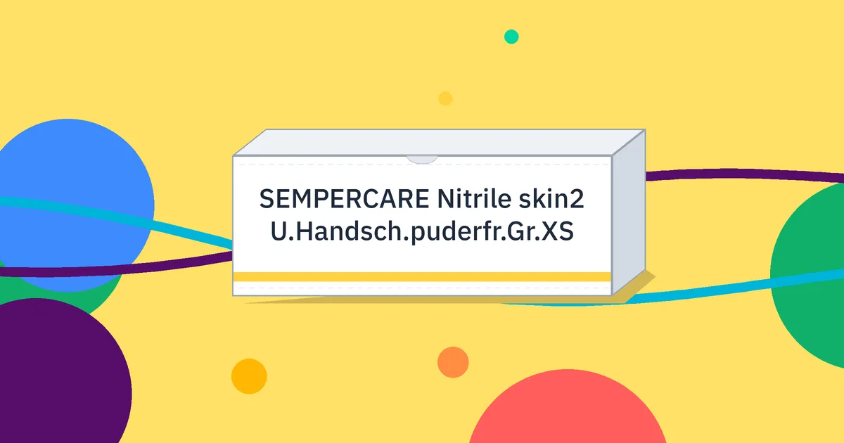 Symbolbild: Packung mit der Aufschrift SEMPERCARE Nitrile skin2 U.Handsch.puderfr.Gr.XS (PZN 11645332) – Verfügbarkeit und Bezug in Apotheken in Frankfurt am Main