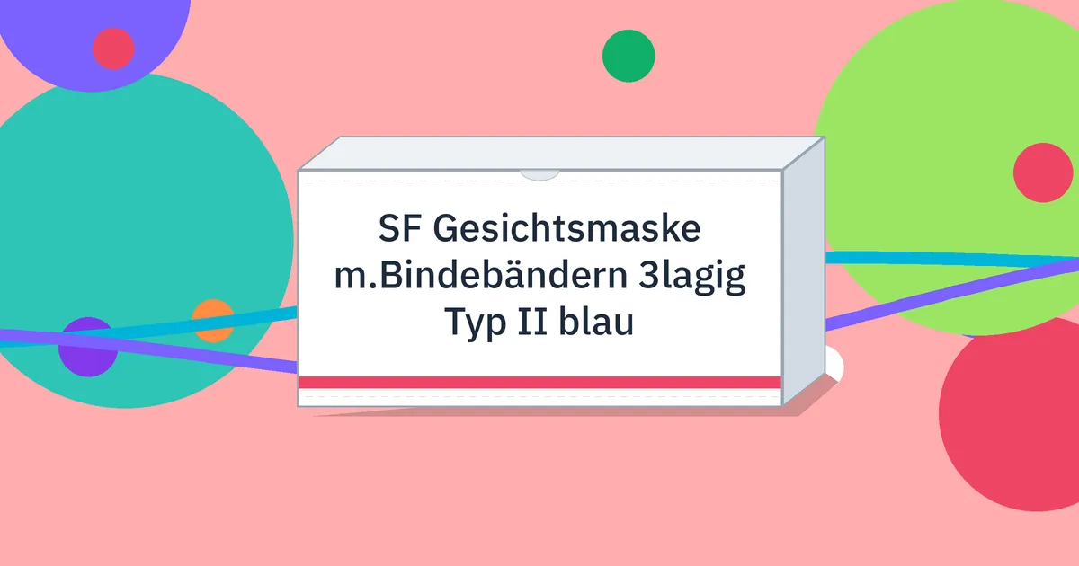 Symbolbild: Packung mit der Aufschrift SF Gesichtsmaske m.Bindebändern 3lagig Typ II blau (PZN 16809471) – Verfügbarkeit und Bezug in Apotheken in Frankfurt am Main