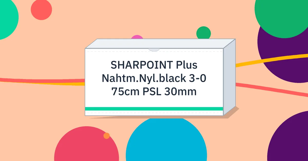 Symbolbild: Packung mit der Aufschrift SHARPOINT Plus Nahtm.Nyl.black 3-0 75cm PSL 30mm (PZN 17984182) – Verfügbarkeit und Bezug in Apotheken in Frankfurt am Main