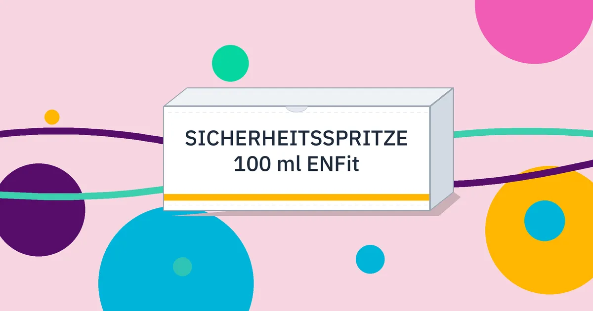 Symbolbild: Packung mit der Aufschrift SICHERHEITSSPRITZE 100 ml ENFit (PZN 15240307) – Verfügbarkeit und Bezug in Apotheken in Frankfurt am Main