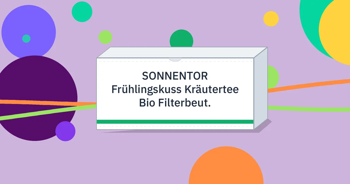 Symbolbild: Packung mit der Aufschrift SONNENTOR Frühlingskuss Kräutertee Bio Filterbeut. (PZN 18902298) – Verfügbarkeit und Bezug in Apotheken in Frankfurt am Main