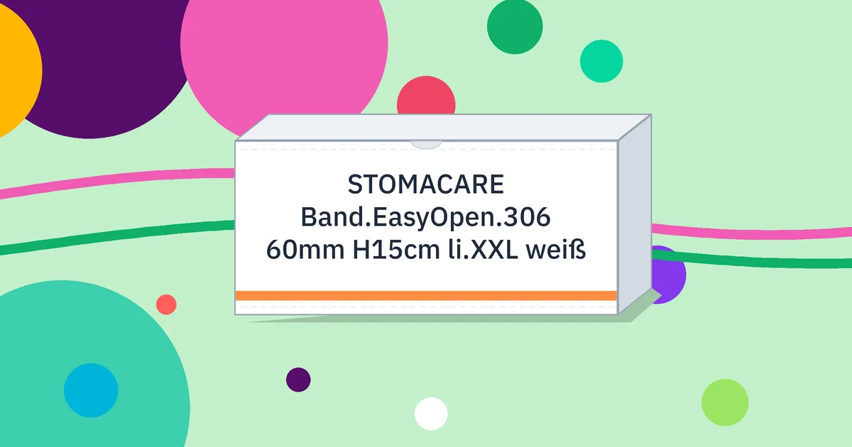 Symbolbild: Packung mit der Aufschrift STOMACARE Band.EasyOpen.306 60mm H15cm li.XXL weiß (PZN 07665412) – Verfügbarkeit und Bezug in Apotheken in Frankfurt am Main