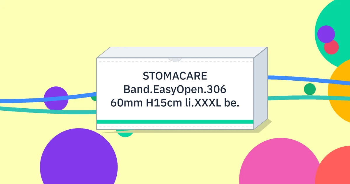 Symbolbild: Packung mit der Aufschrift STOMACARE Band.EasyOpen.306 60mm H15cm li.XXXL be. (PZN 07665688) – Verfügbarkeit und Bezug in Apotheken in Frankfurt am Main