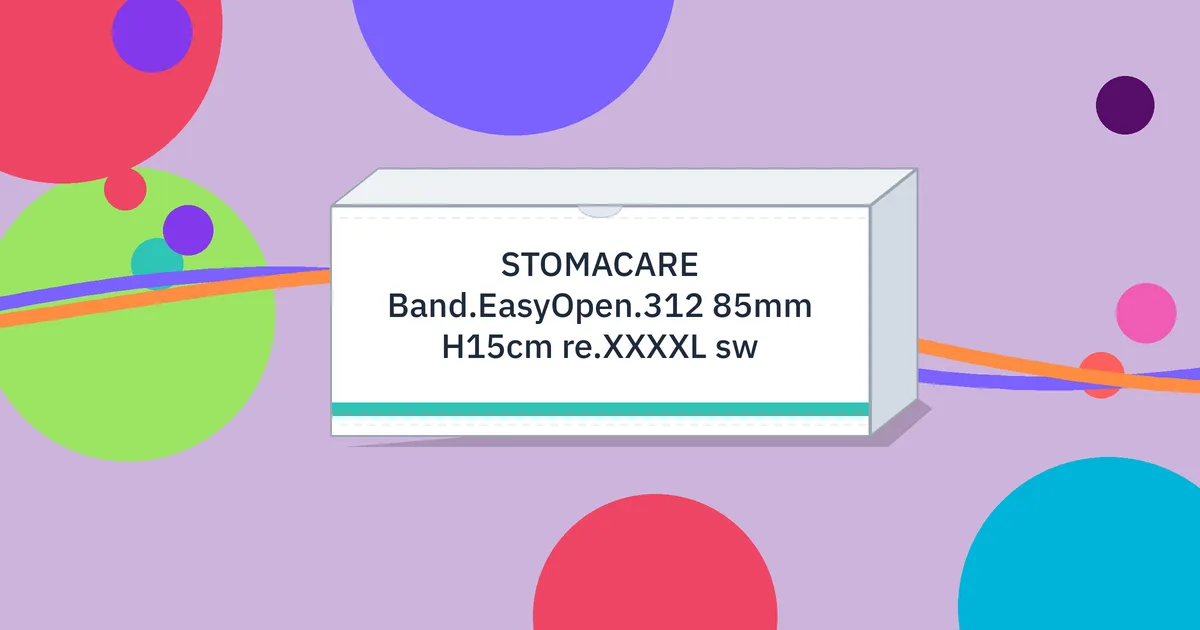 Symbolbild: Packung mit der Aufschrift STOMACARE Band.EasyOpen.312 85mm H15cm re.XXXXL sw (PZN 09438146) – Verfügbarkeit und Bezug in Apotheken in Frankfurt am Main