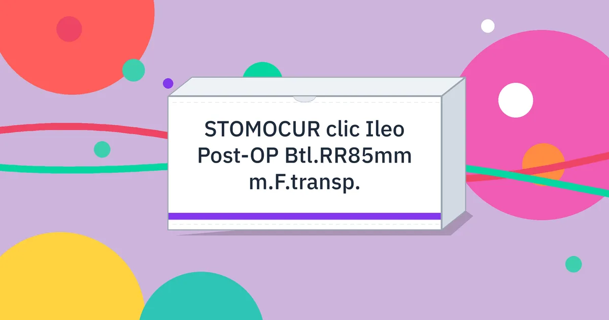Symbolbild: Packung mit der Aufschrift STOMOCUR clic Ileo Post-OP Btl.RR85mm m.F.transp. (PZN 04633340) – Verfügbarkeit und Bezug in Apotheken in Frankfurt am Main