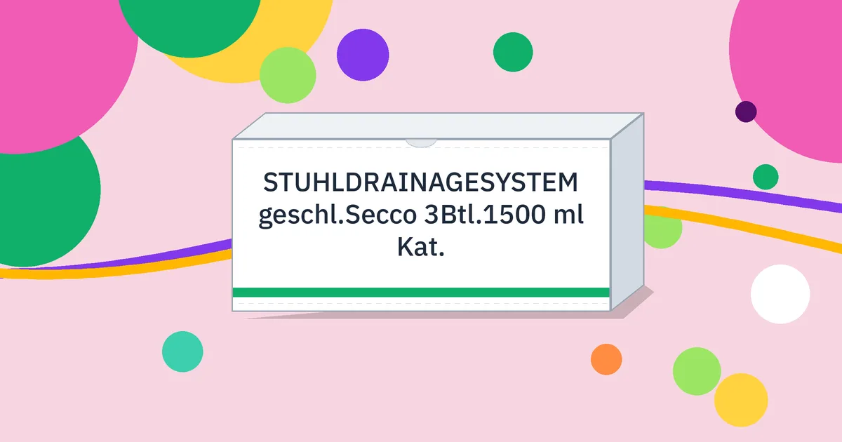 Symbolbild: Packung mit der Aufschrift STUHLDRAINAGESYSTEM geschl.Secco 3Btl.1500 ml Kat. (PZN 09428283) – Verfügbarkeit und Bezug in Apotheken in Frankfurt am Main
