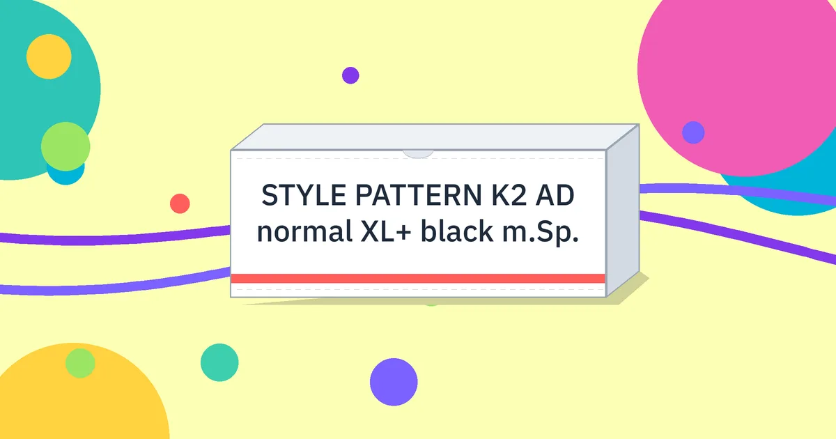 Symbolbild: Packung mit der Aufschrift STYLE PATTERN K2 AD normal XL+ black m.Sp. (PZN 19695393) – Verfügbarkeit und Bezug in Apotheken in Frankfurt am Main