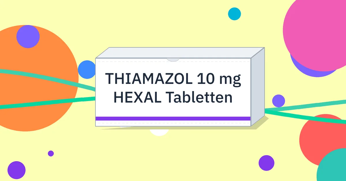 Symbolbild: Packung mit der Aufschrift THIAMAZOL 10 mg HEXAL Tabletten (PZN 01680675) – Verfügbarkeit und Bezug in Apotheken in Frankfurt am Main