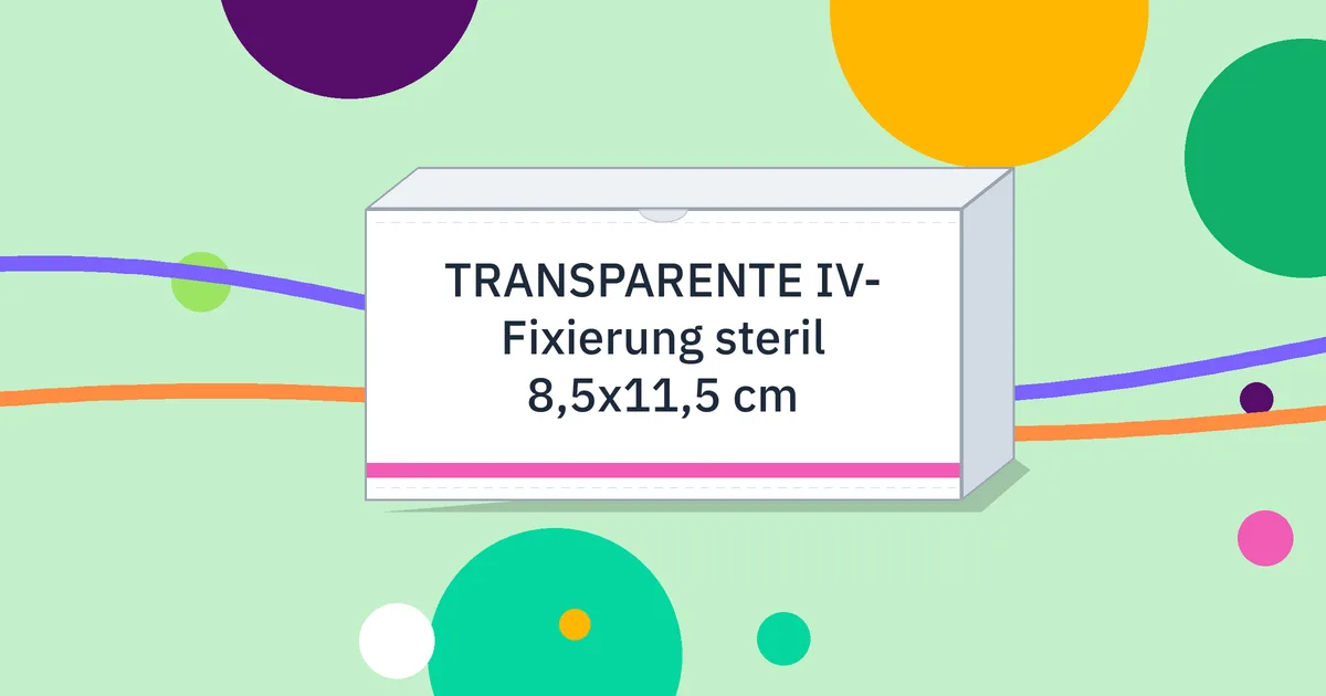 Symbolbild: Packung mit der Aufschrift TRANSPARENTE IV-Fixierung steril 8,5x11,5 cm (PZN 19529157) – Verfügbarkeit und Bezug in Apotheken in Frankfurt am Main