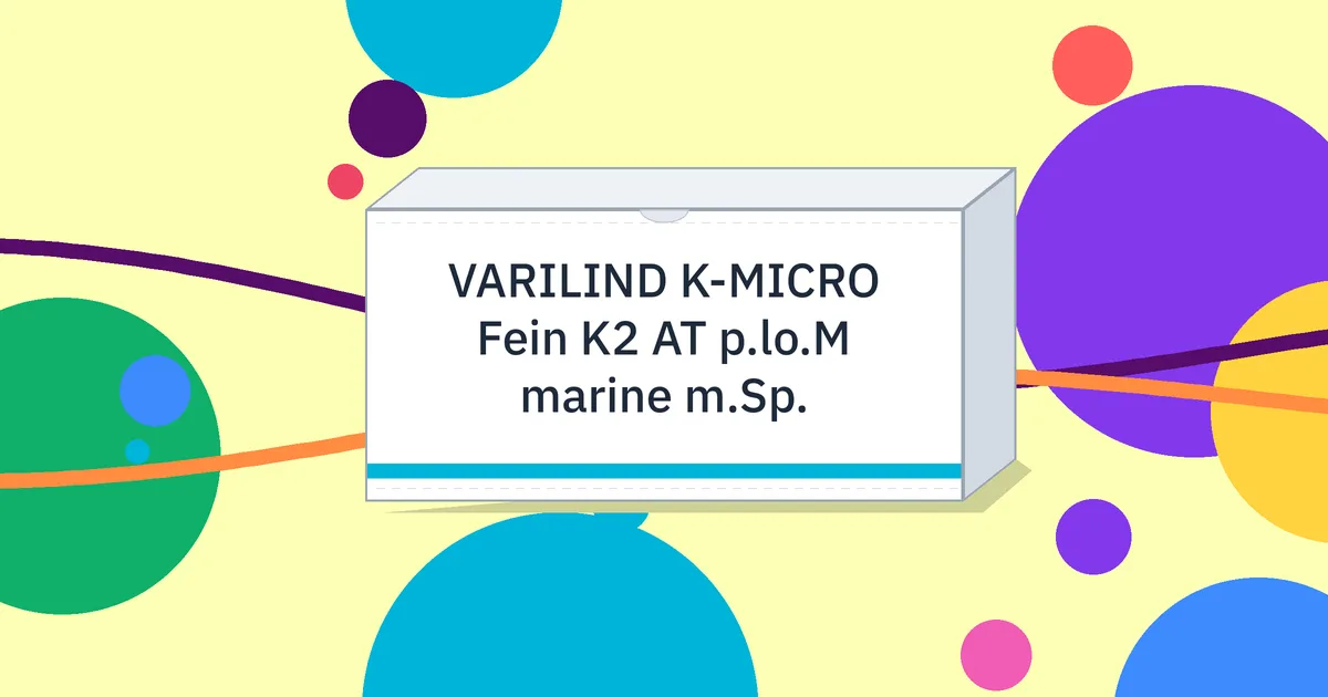 Symbolbild: Packung mit der Aufschrift VARILIND K-MICRO Fein K2 AT p.lo.M marine m.Sp. (PZN 20553451) – Verfügbarkeit und Bezug in Apotheken in Frankfurt am Main