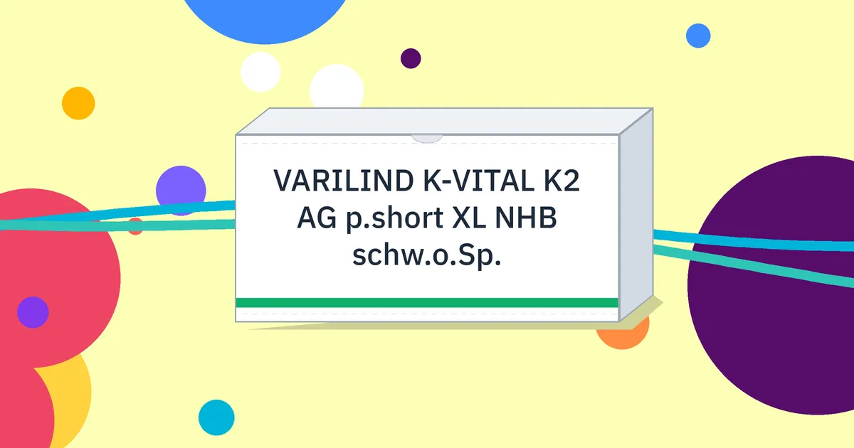 Symbolbild: Packung mit der Aufschrift VARILIND K-VITAL K2 AG p.short XL NHB schw.o.Sp. (PZN 20565342) – Verfügbarkeit und Bezug in Apotheken in Frankfurt am Main