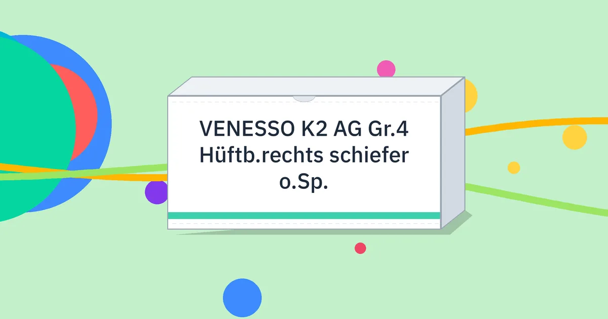 Symbolbild: Packung mit der Aufschrift VENESSO K2 AG Gr.4 Hüftb.rechts schiefer o.Sp. (PZN 03271975) – Verfügbarkeit und Bezug in Apotheken in Frankfurt am Main