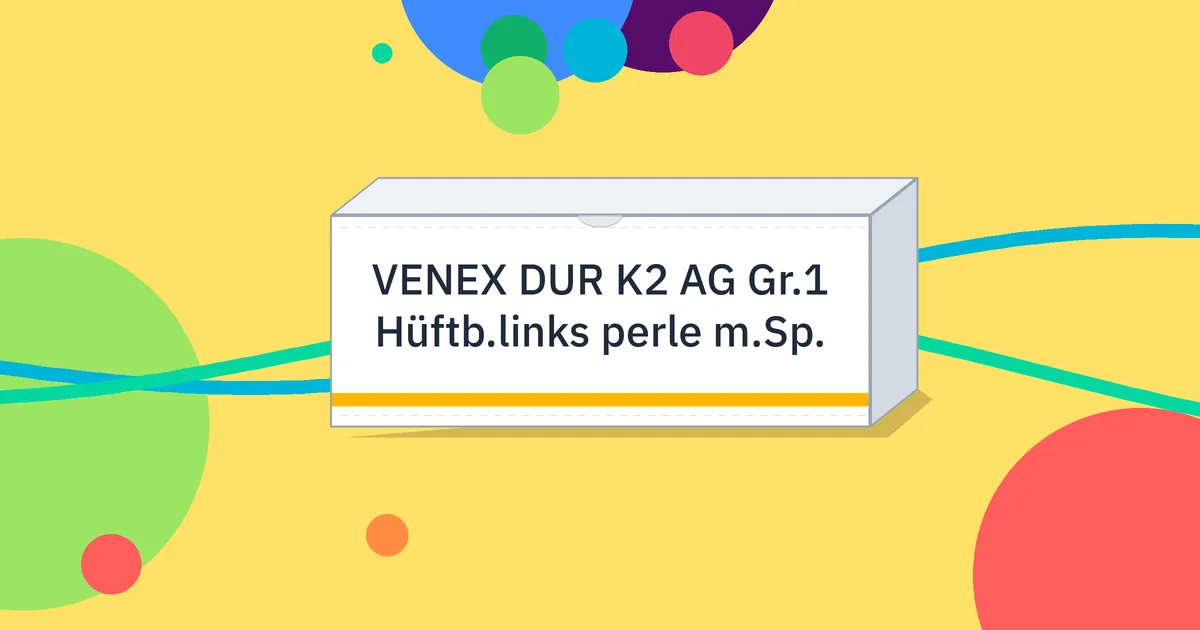 Symbolbild: Packung mit der Aufschrift VENEX DUR K2 AG Gr.1 Hüftb.links perle m.Sp. (PZN 03225722) – Verfügbarkeit und Bezug in Apotheken in Frankfurt am Main