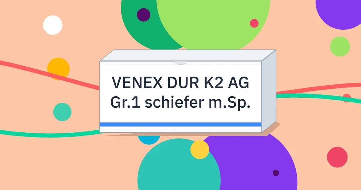 Symbolbild: Packung mit der Aufschrift VENEX DUR K2 AG Gr.1 schiefer m.Sp. (PZN 03213831) – Verfügbarkeit und Bezug in Apotheken in Frankfurt am Main
