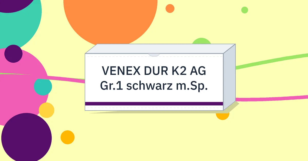 Symbolbild: Packung mit der Aufschrift VENEX DUR K2 AG Gr.1 schwarz m.Sp. (PZN 03213914) – Verfügbarkeit und Bezug in Apotheken in Frankfurt am Main