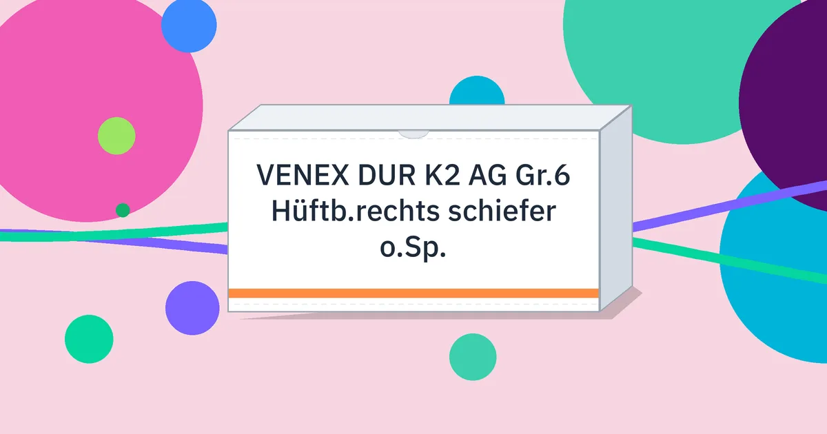 Symbolbild: Packung mit der Aufschrift VENEX DUR K2 AG Gr.6 Hüftb.rechts schiefer o.Sp. (PZN 03233087) – Verfügbarkeit und Bezug in Apotheken in Frankfurt am Main