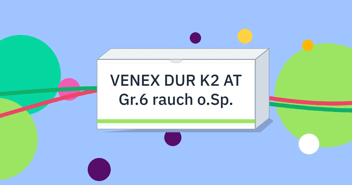 Symbolbild: Packung mit der Aufschrift VENEX DUR K2 AT Gr.6 rauch o.Sp. (PZN 03222971) – Verfügbarkeit und Bezug in Apotheken in Frankfurt am Main