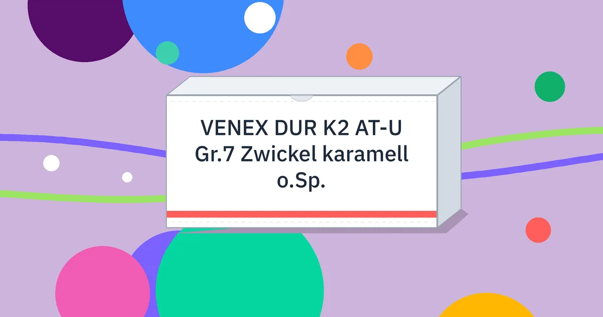 Symbolbild: Packung mit der Aufschrift VENEX DUR K2 AT-U Gr.7 Zwickel karamell o.Sp. (PZN 13759620) – Verfügbarkeit und Bezug in Apotheken in Frankfurt am Main