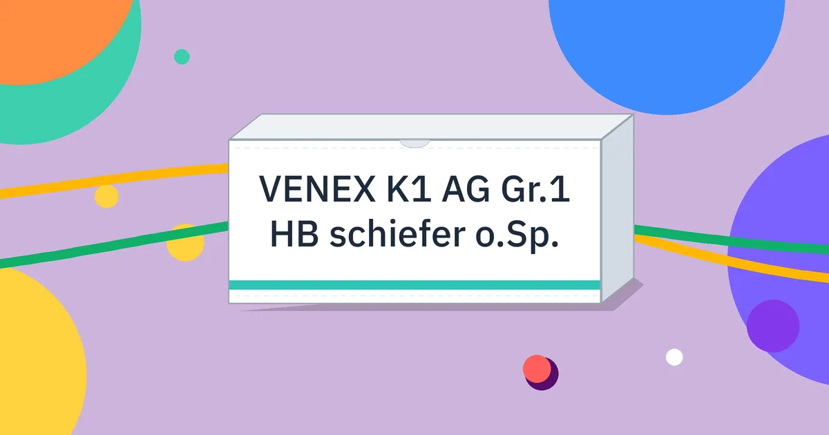 Symbolbild: Packung mit der Aufschrift VENEX K1 AG Gr.1 HB schiefer o.Sp. (PZN 03193933) – Verfügbarkeit und Bezug in Apotheken in Frankfurt am Main