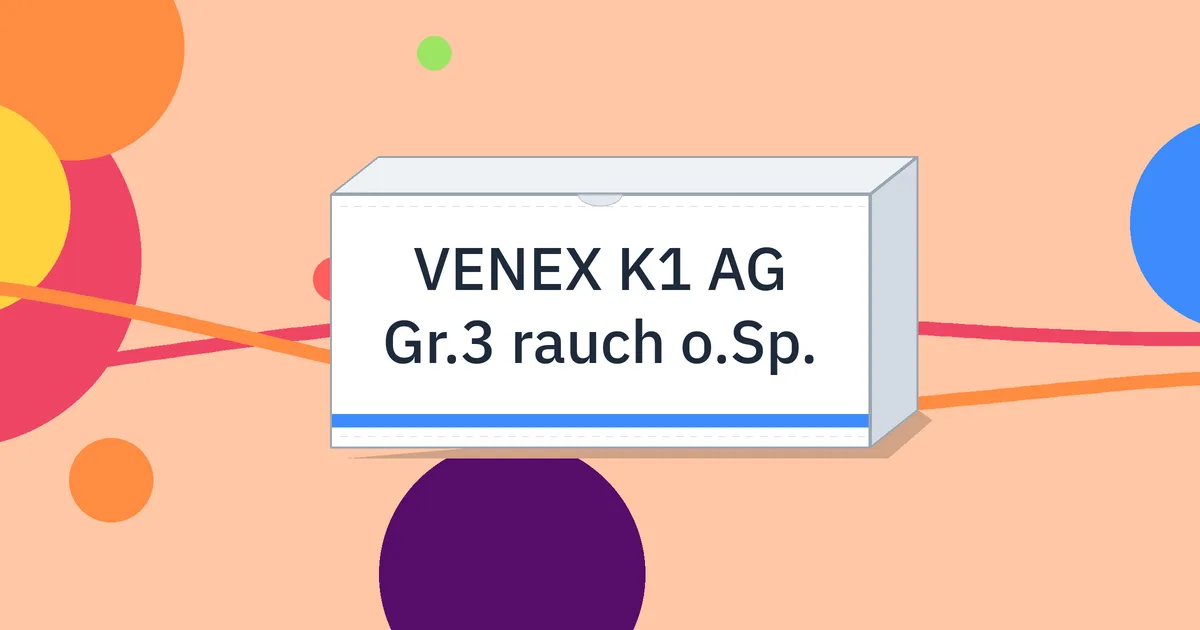 Symbolbild: Packung mit der Aufschrift VENEX K1 AG Gr.3 rauch o.Sp. (PZN 03188168) – Verfügbarkeit und Bezug in Apotheken in Frankfurt am Main