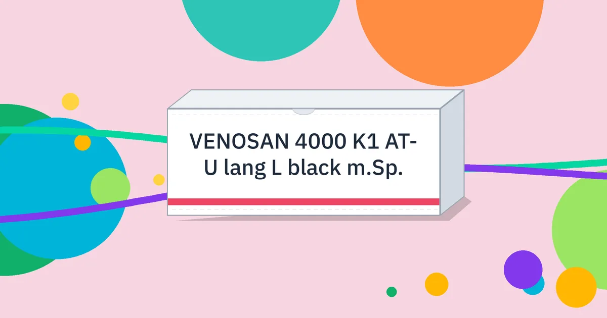 Symbolbild: Packung mit der Aufschrift VENOSAN 4000 K1 AT-U lang L black m.Sp. (PZN 14426777) – Verfügbarkeit und Bezug in Apotheken in Frankfurt am Main