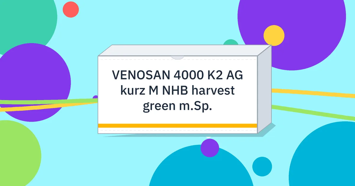 Symbolbild: Packung mit der Aufschrift VENOSAN 4000 K2 AG kurz M NHB harvest green m.Sp. (PZN 18847843) – Verfügbarkeit und Bezug in Apotheken in Frankfurt am Main