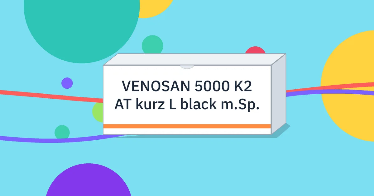 Symbolbild: Packung mit der Aufschrift VENOSAN 5000 K2 AT kurz L black m.Sp. (PZN 14433524) – Verfügbarkeit und Bezug in Apotheken in Frankfurt am Main