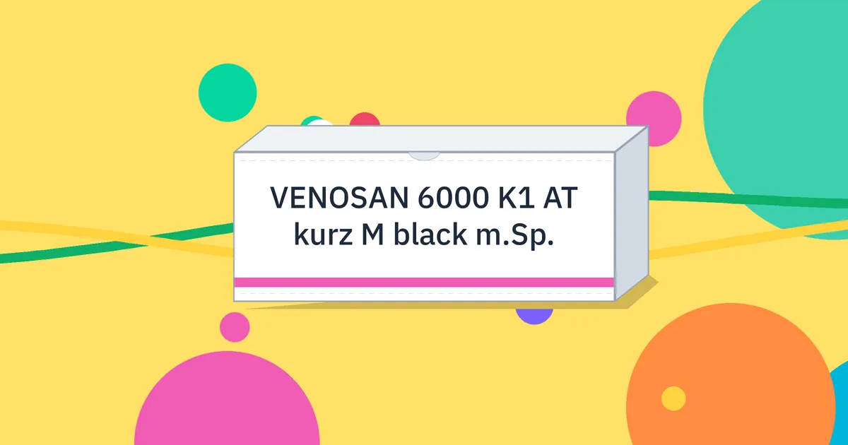 Symbolbild: Packung mit der Aufschrift VENOSAN 6000 K1 AT kurz M black m.Sp. (PZN 17172082) – Verfügbarkeit und Bezug in Apotheken in Frankfurt am Main