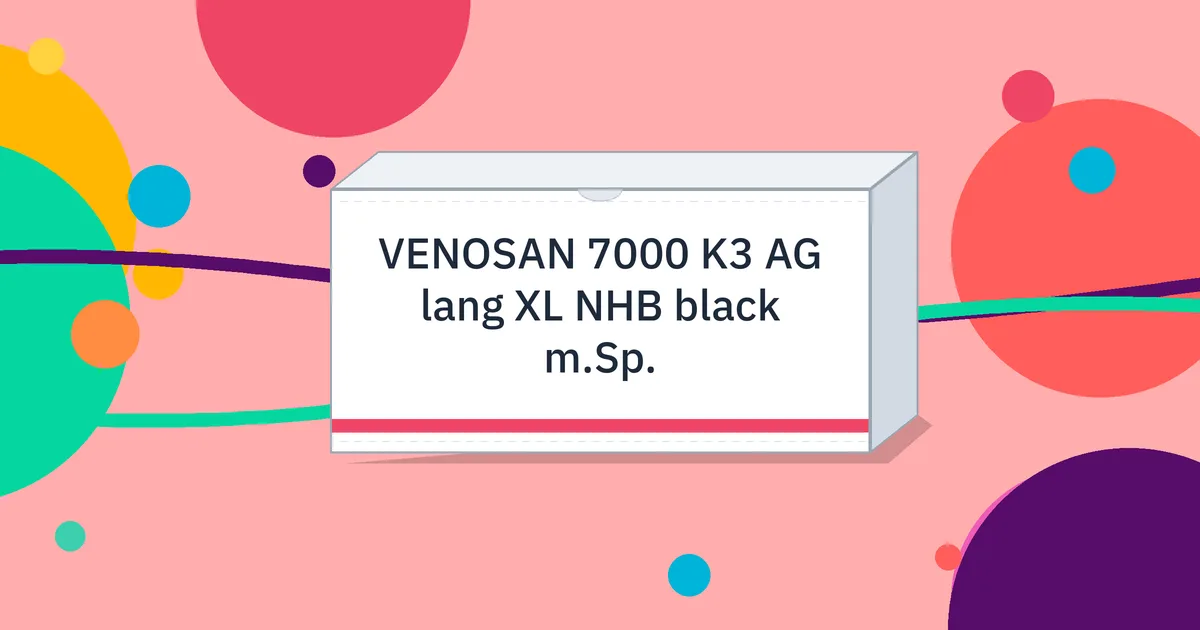 Symbolbild: Packung mit der Aufschrift VENOSAN 7000 K3 AG lang XL NHB black m.Sp. (PZN 14436563) – Verfügbarkeit und Bezug in Apotheken in Frankfurt am Main
