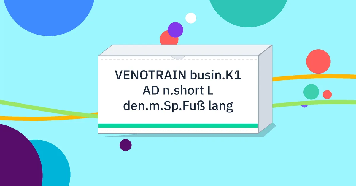 Symbolbild: Packung mit der Aufschrift VENOTRAIN busin.K1 AD n.short L den.m.Sp.Fuß lang (PZN 19056598) – Verfügbarkeit und Bezug in Apotheken in Frankfurt am Main