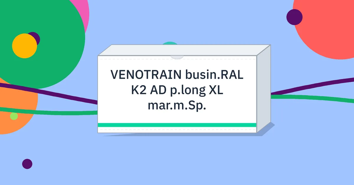 Symbolbild: Packung mit der Aufschrift VENOTRAIN busin.RAL K2 AD p.long XL mar.m.Sp. (PZN 06949314) – Verfügbarkeit und Bezug in Apotheken in Frankfurt am Main