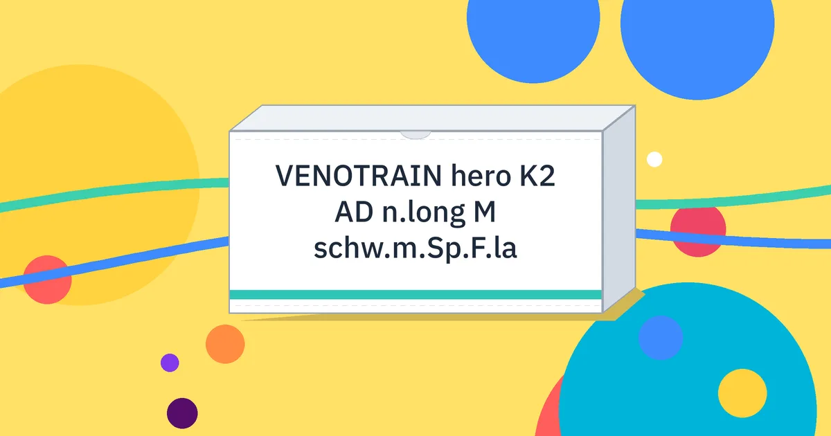 Symbolbild: Packung mit der Aufschrift VENOTRAIN hero K2 AD n.long M schw.m.Sp.F.la (PZN 19189916) – Verfügbarkeit und Bezug in Apotheken in Frankfurt am Main