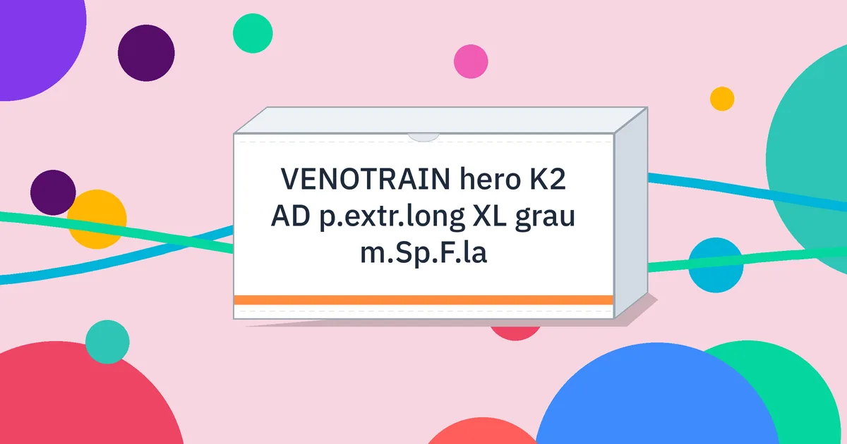 Symbolbild: Packung mit der Aufschrift VENOTRAIN hero K2 AD p.extr.long XL grau m.Sp.F.la (PZN 19190687) – Verfügbarkeit und Bezug in Apotheken in Frankfurt am Main