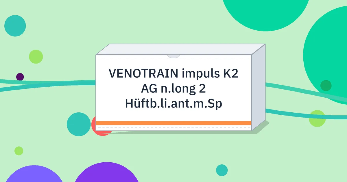 Symbolbild: Packung mit der Aufschrift VENOTRAIN impuls K2 AG n.long 2 Hüftb.li.ant.m.Sp (PZN 15219394) – Verfügbarkeit und Bezug in Apotheken in Frankfurt am Main