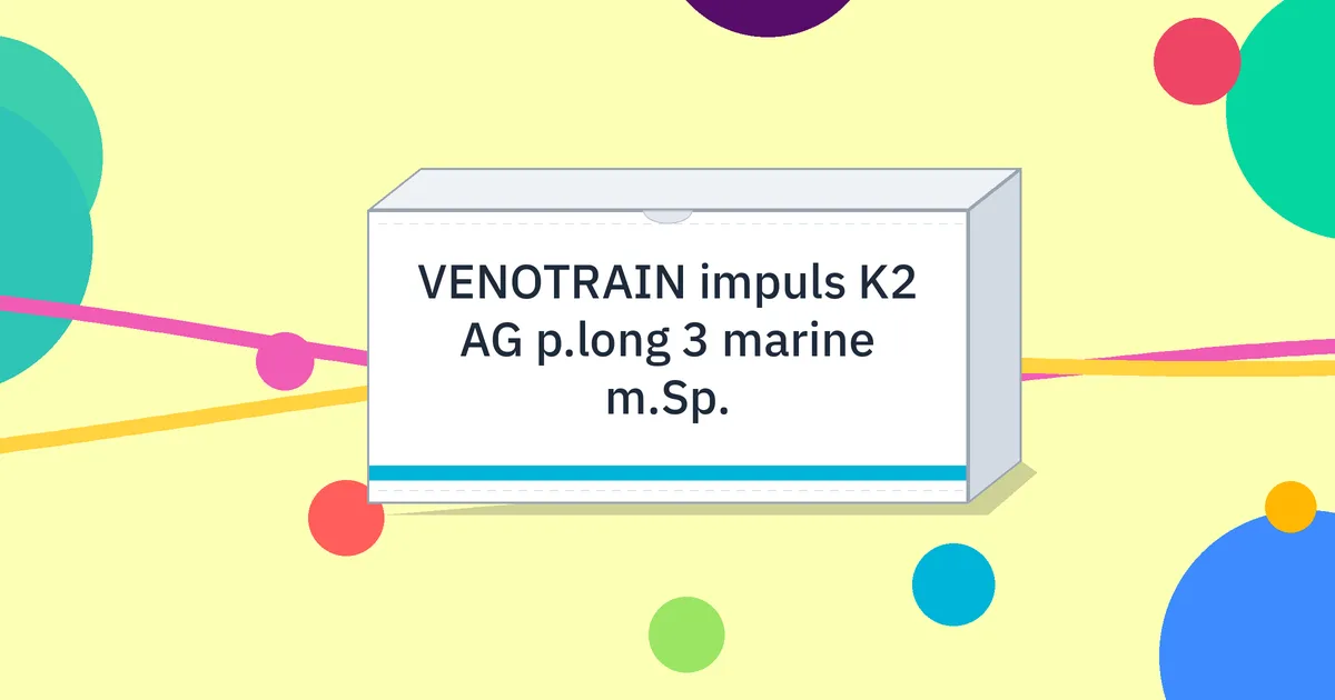 Symbolbild: Packung mit der Aufschrift VENOTRAIN impuls K2 AG p.long 3 marine m.Sp. (PZN 15211895) – Verfügbarkeit und Bezug in Apotheken in Frankfurt am Main