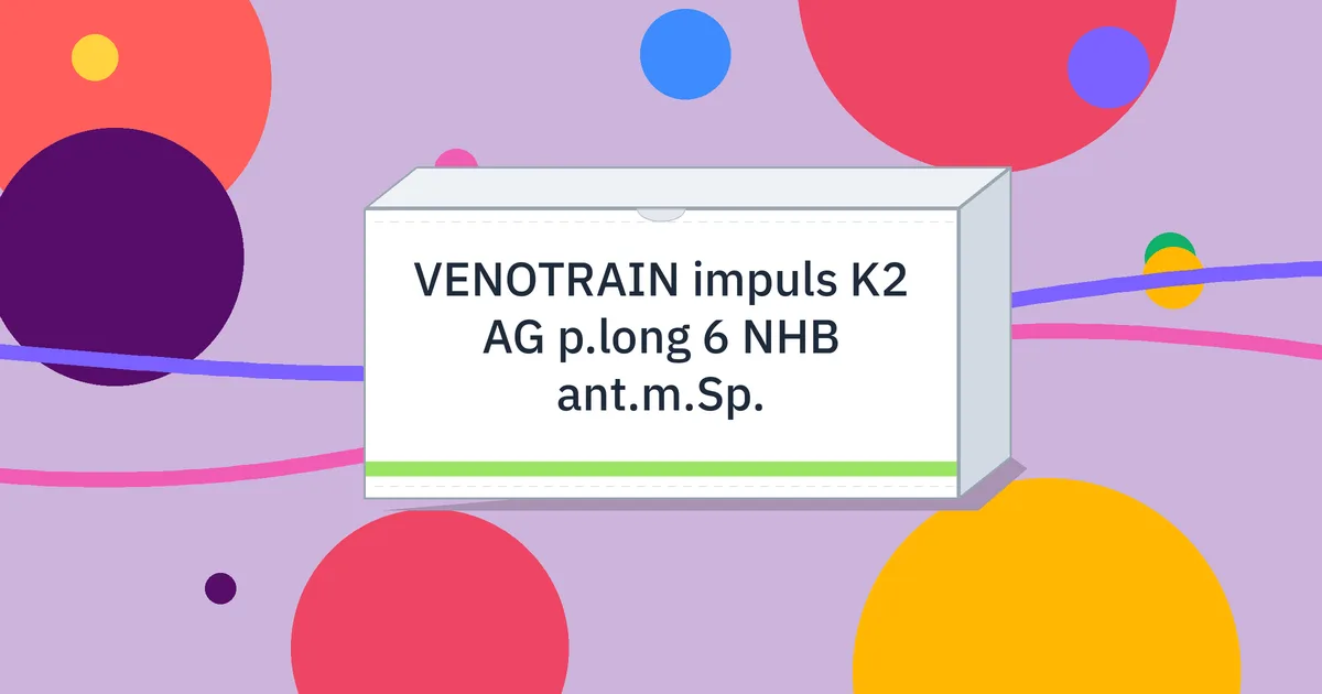 Symbolbild: Packung mit der Aufschrift VENOTRAIN impuls K2 AG p.long 6 NHB ant.m.Sp. (PZN 15214876) – Verfügbarkeit und Bezug in Apotheken in Frankfurt am Main