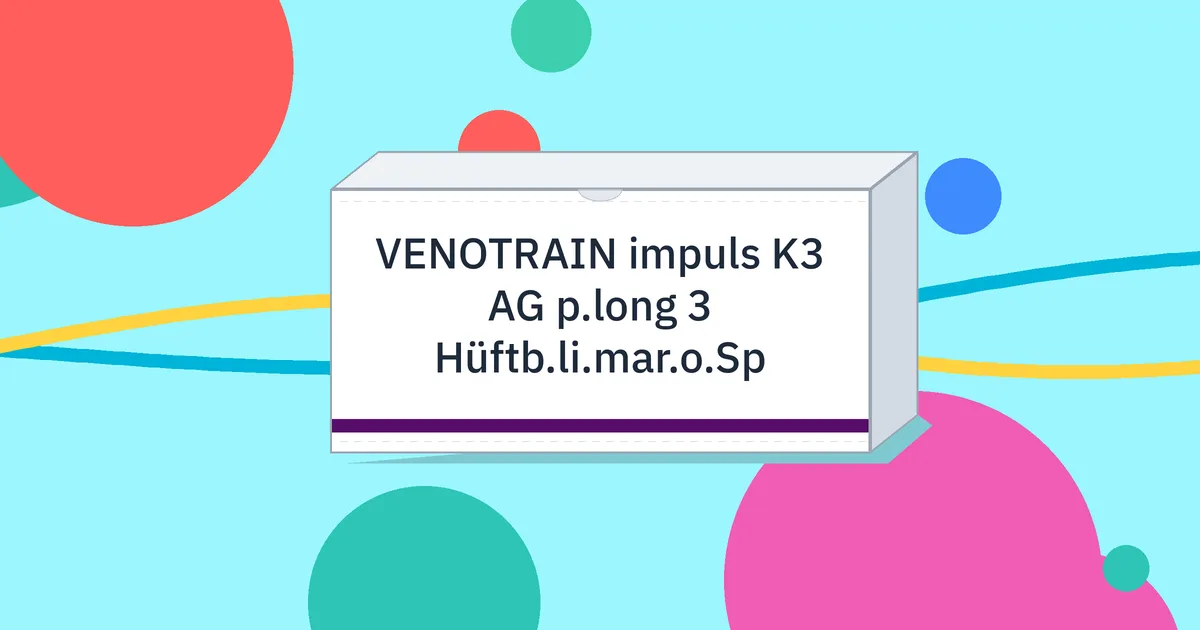 Symbolbild: Packung mit der Aufschrift VENOTRAIN impuls K3 AG p.long 3 Hüftb.li.mar.o.Sp (PZN 15220428) – Verfügbarkeit und Bezug in Apotheken in Frankfurt am Main