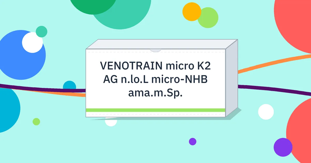 Symbolbild: Packung mit der Aufschrift VENOTRAIN micro K2 AG n.lo.L micro-NHB ama.m.Sp. (PZN 16065740) – Verfügbarkeit und Bezug in Apotheken in Frankfurt am Main