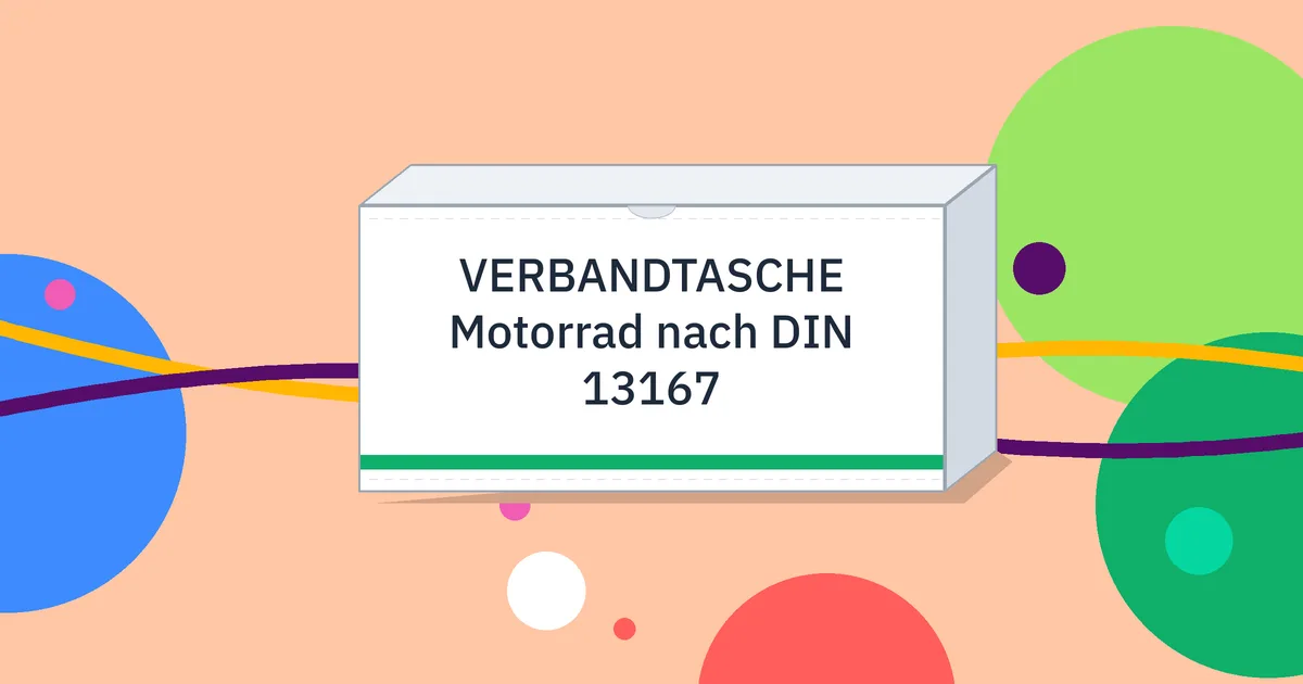Symbolbild: Packung mit der Aufschrift VERBANDTASCHE Motorrad nach DIN 13167 (PZN 06811834) – Verfügbarkeit und Bezug in Apotheken in Frankfurt am Main