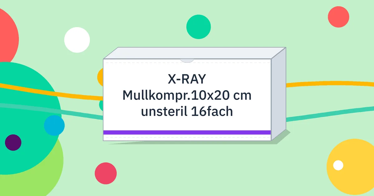 Symbolbild: Packung mit der Aufschrift X-RAY Mullkompr.10x20 cm unsteril 16fach (PZN 08486835) – Verfügbarkeit und Bezug in Apotheken in Frankfurt am Main
