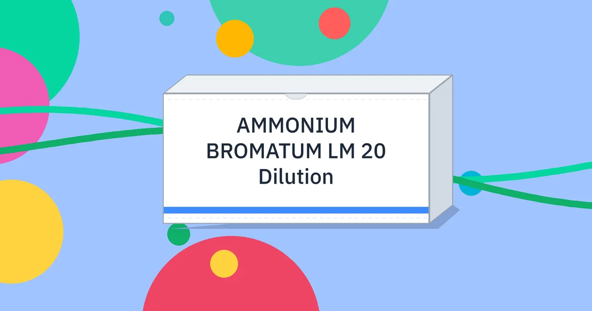 Symbolbild: Packung mit der Aufschrift AMMONIUM BROMATUM LM 20 Dilution (PZN 13320491) – Verfügbarkeit und Bezug in Apotheken in Frankfurt am Main