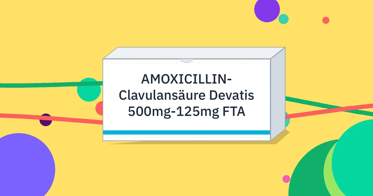 Symbolbild: Packung mit der Aufschrift AMOXICILLIN-Clavulansäure Devatis 500mg-125mg FTA (PZN 15404387) – Verfügbarkeit und Bezug in Apotheken in Frankfurt am Main