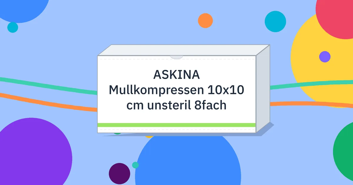 Symbolbild: Packung mit der Aufschrift ASKINA Mullkompressen 10x10 cm unsteril 8fach (PZN 06874533) – Verfügbarkeit und Bezug in Apotheken in Frankfurt am Main