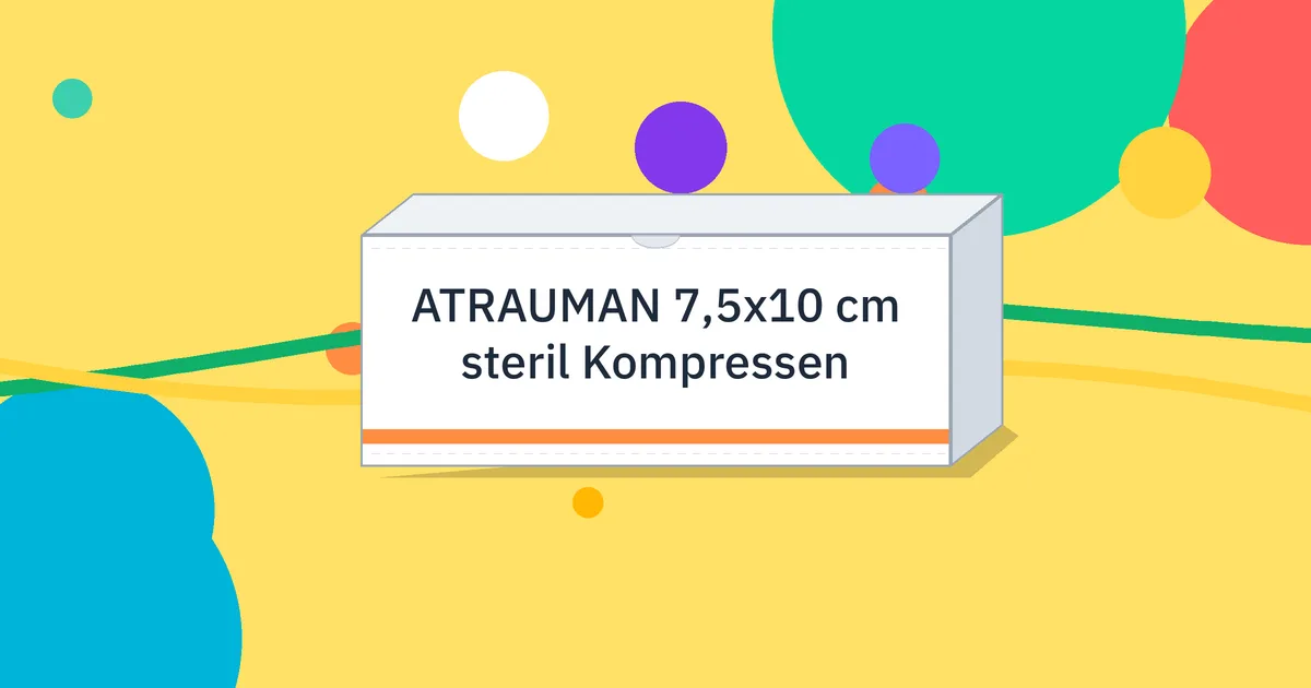 Symbolbild: Packung mit der Aufschrift ATRAUMAN 7,5x10 cm steril Kompressen (PZN 16021122) – Verfügbarkeit und Bezug in Apotheken in Frankfurt am Main