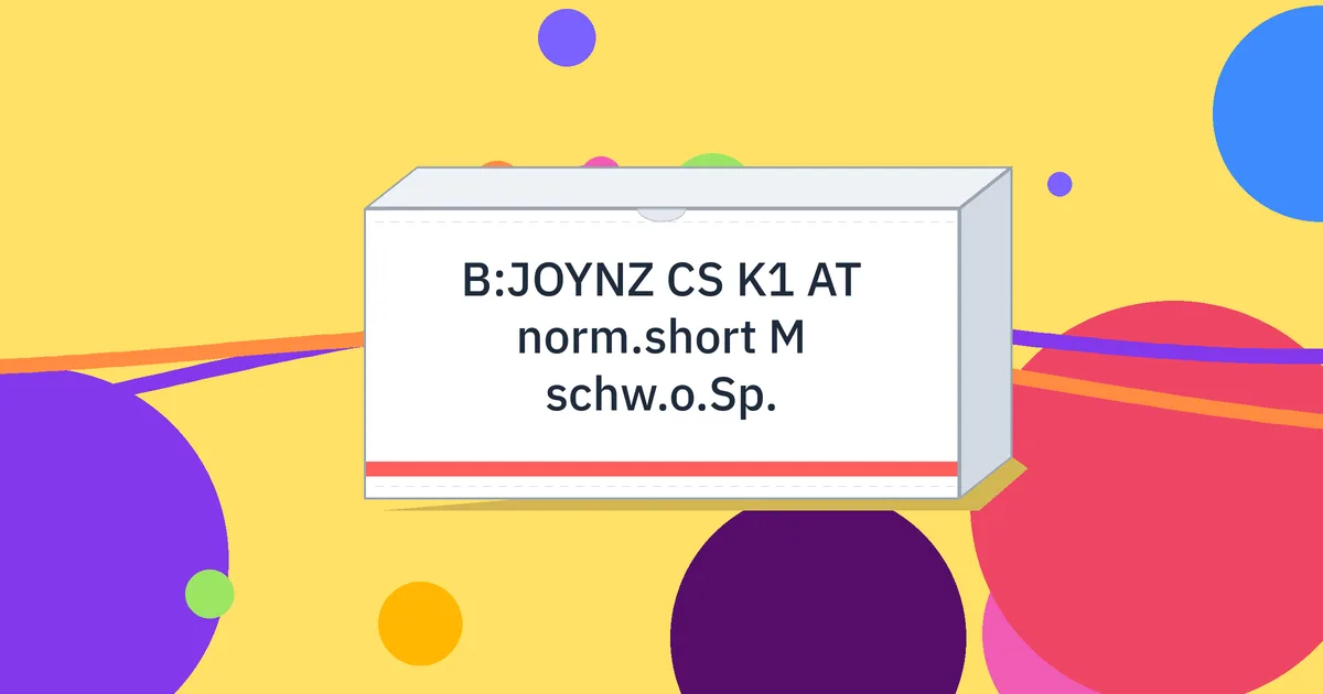 Symbolbild: Packung mit der Aufschrift B:JOYNZ CS K1 AT norm.short M schw.o.Sp. (PZN 20537446) – Verfügbarkeit und Bezug in Apotheken in Frankfurt am Main