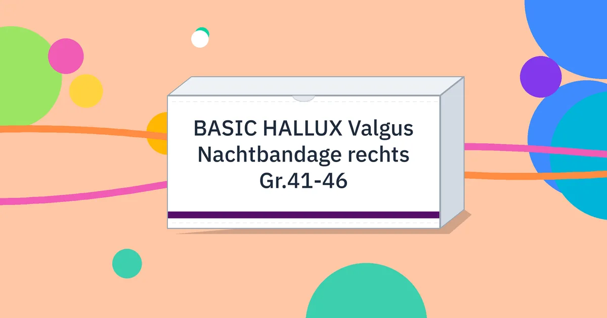 Symbolbild: Packung mit der Aufschrift BASIC HALLUX Valgus Nachtbandage rechts Gr.41-46 (PZN 15380971) – Verfügbarkeit und Bezug in Apotheken in Frankfurt am Main